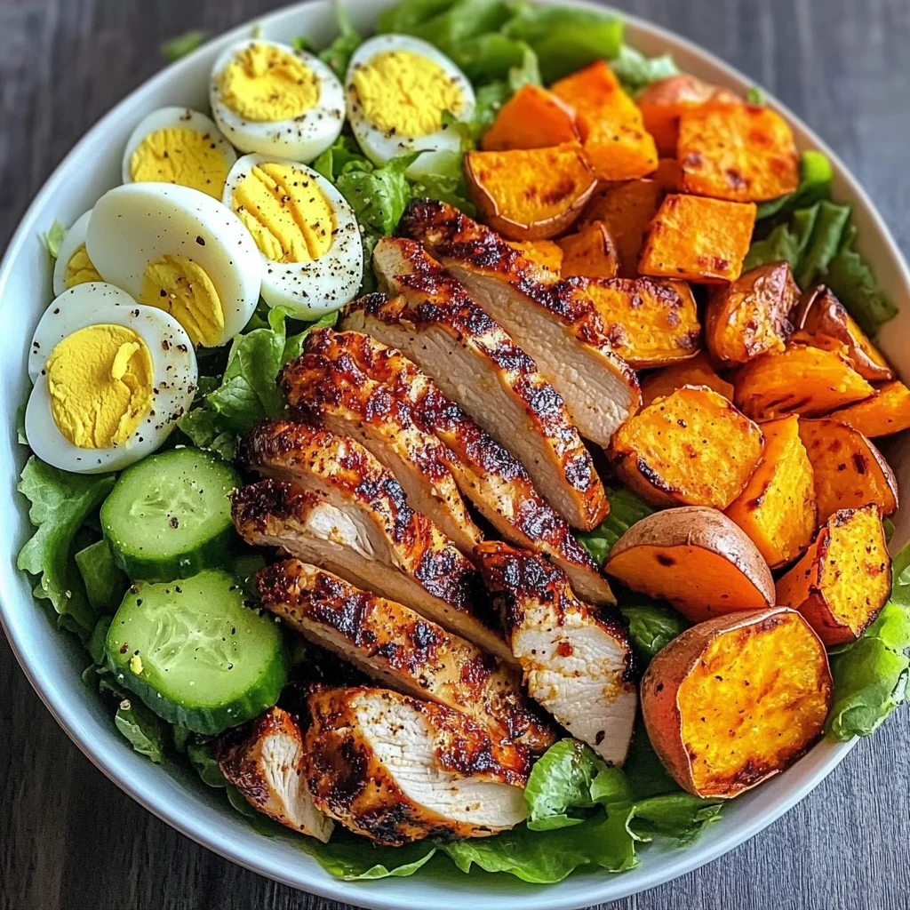Grilled Chicken Salad Bowl with Sweet Potato Rounds & Eggs